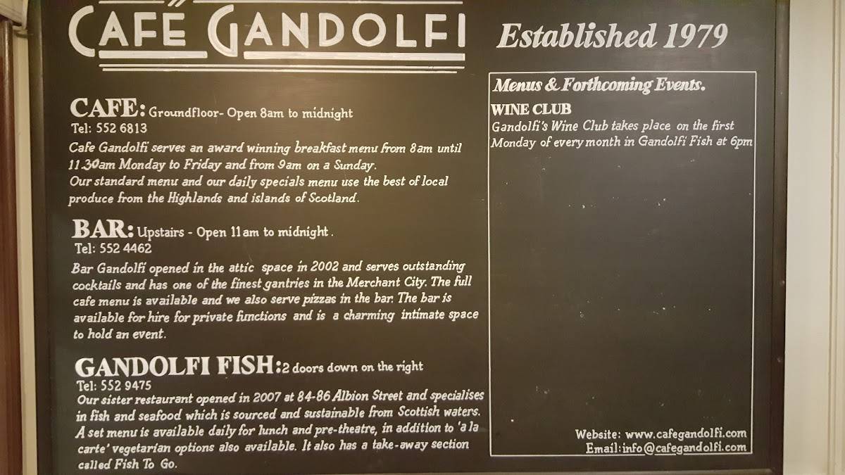Menu at Gandolfi restaurant, Glasgow, 64 Albion Street