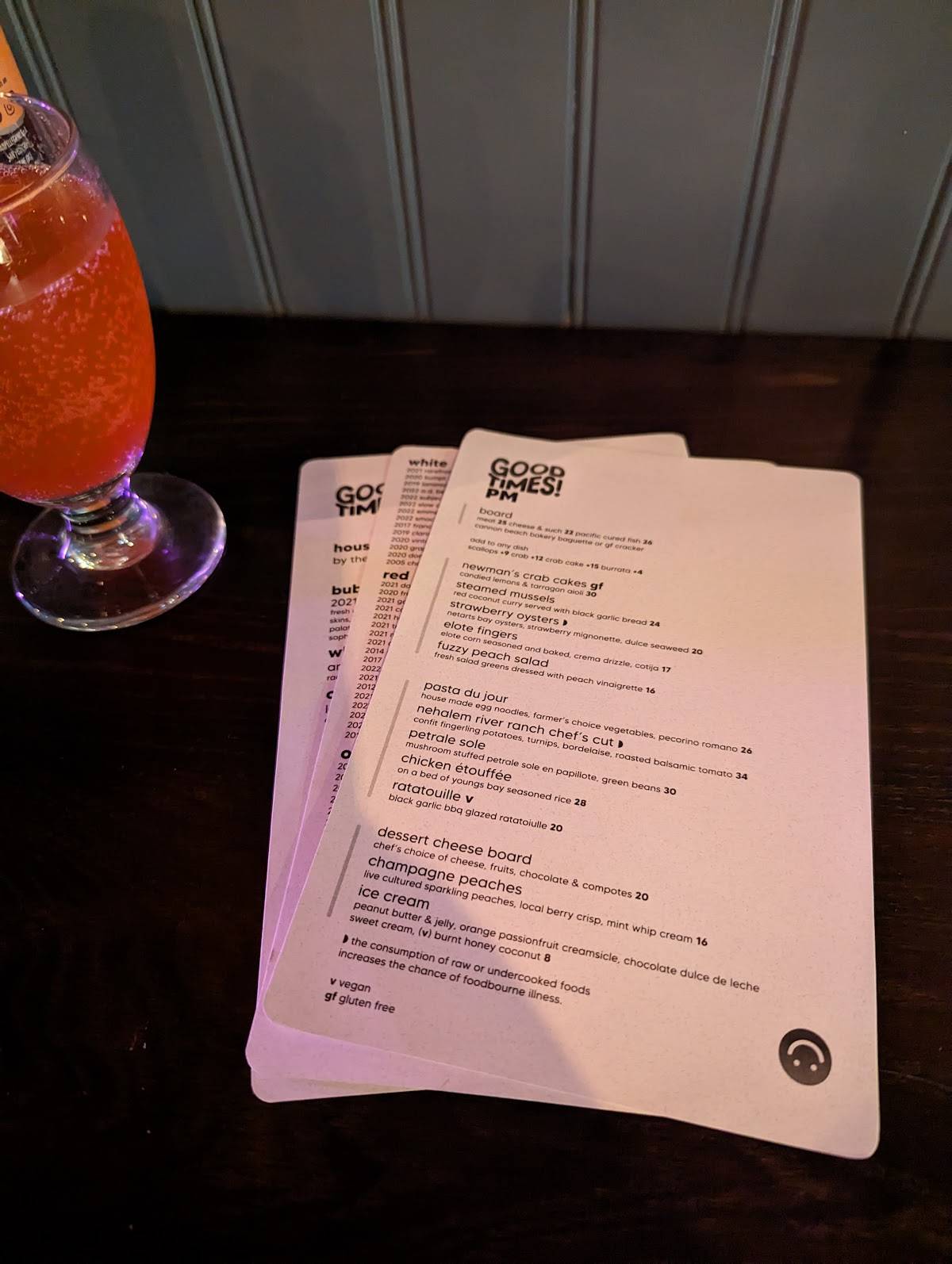 Menu at Good Times cafe, Gearhart