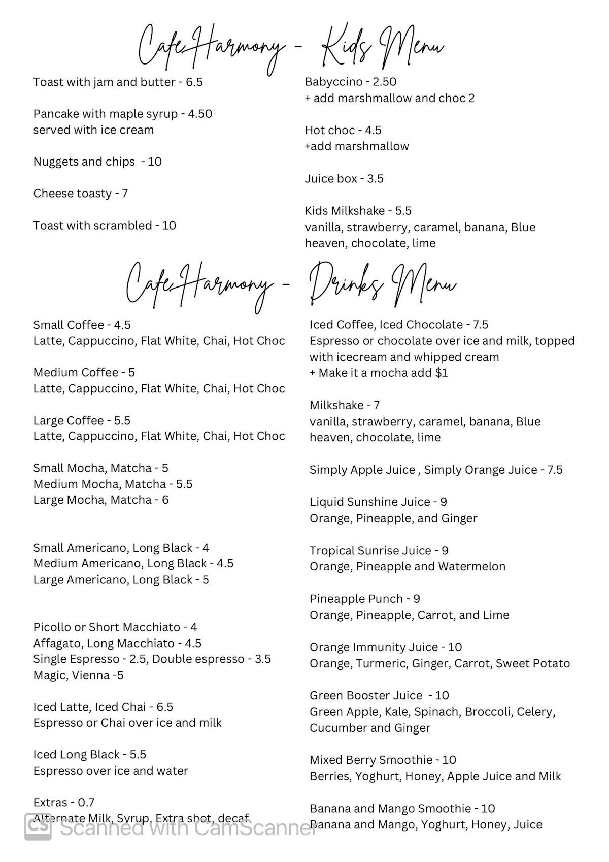 Menu at Cafe Harmony, Carrum Downs