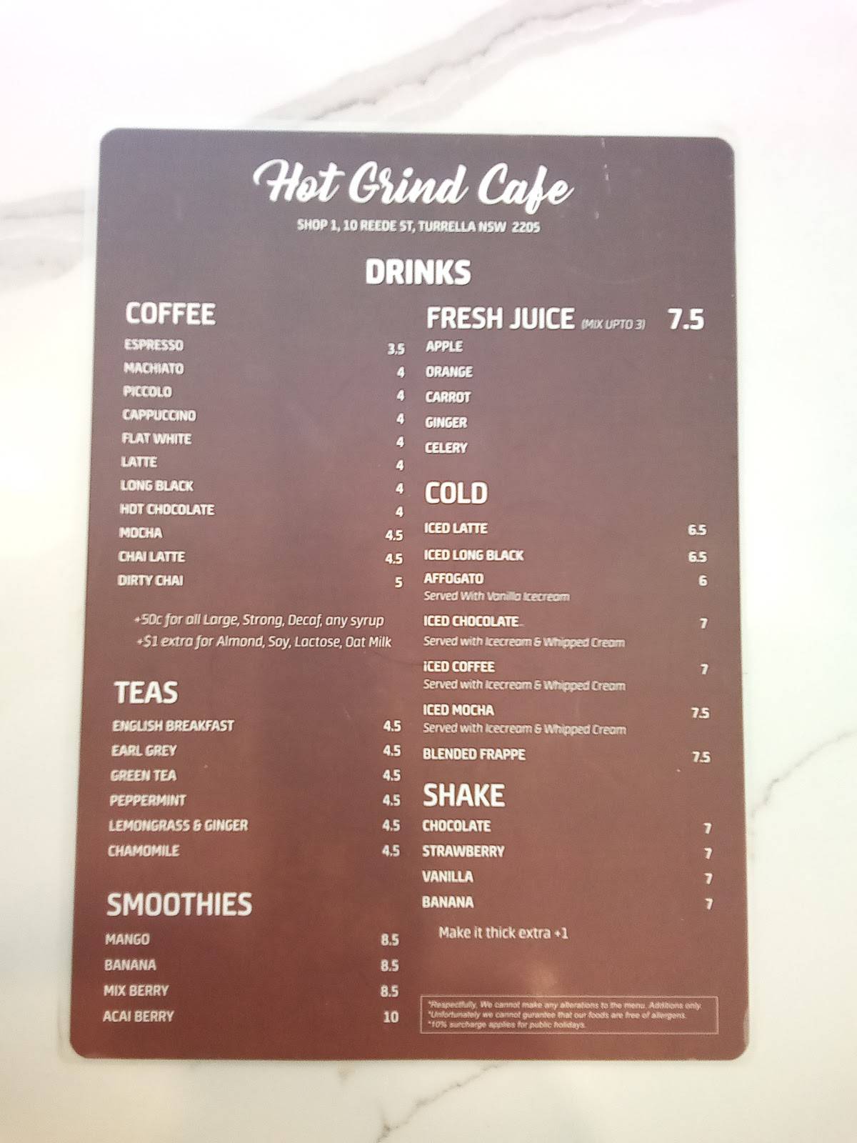 Menu at Hot Grind Cafe, Turrella