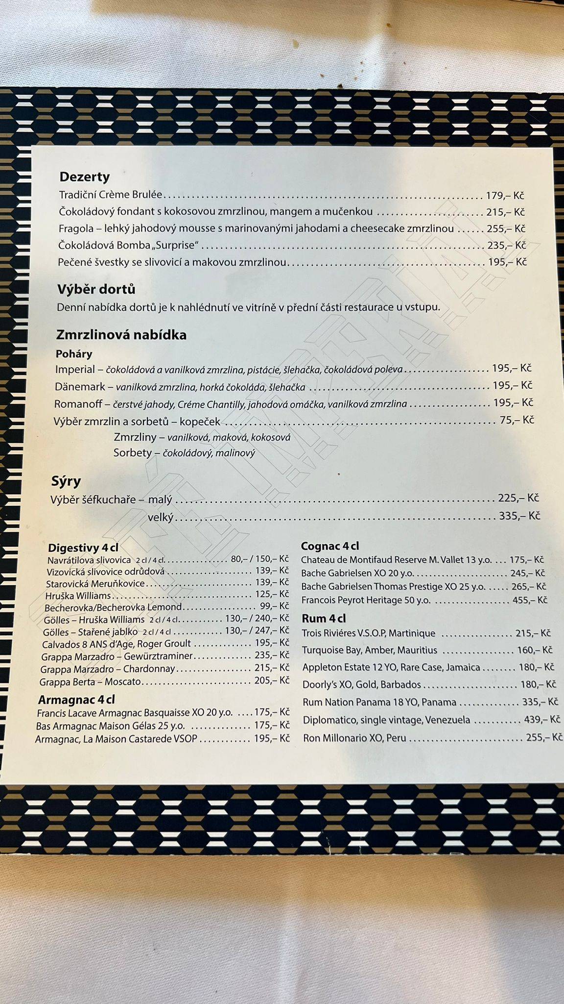 Menu at Café Imperial cafe, Prague, Na Poříčí 1072/15
