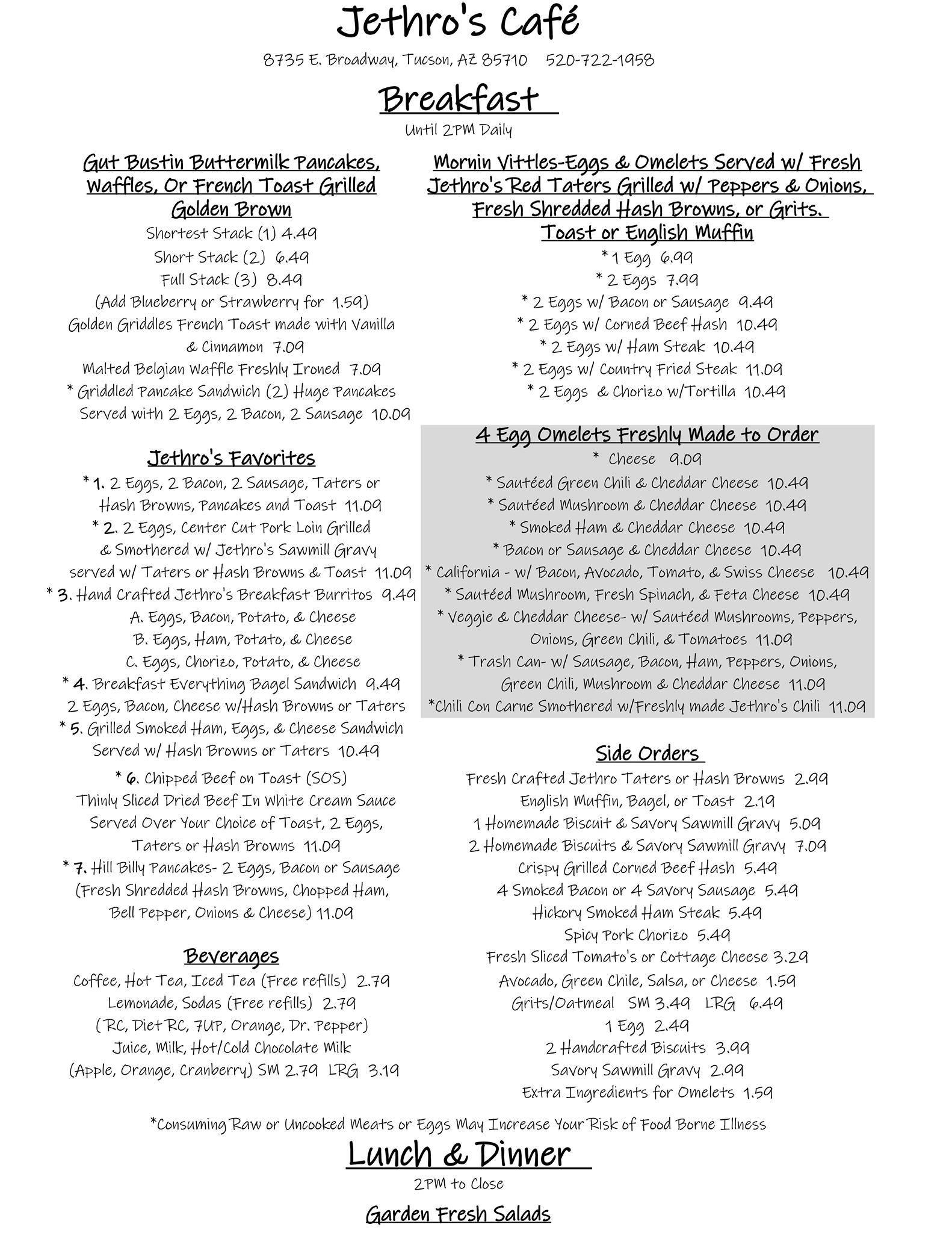 Menu at Jethro's Cafe and Tavern, Tucson, E Broadway Blvd
