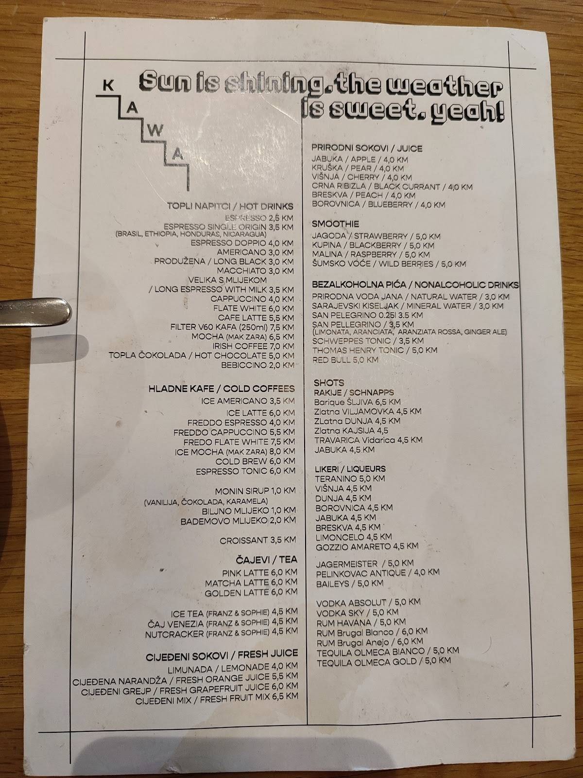 Menu at Kawa cafe, Sarajevo