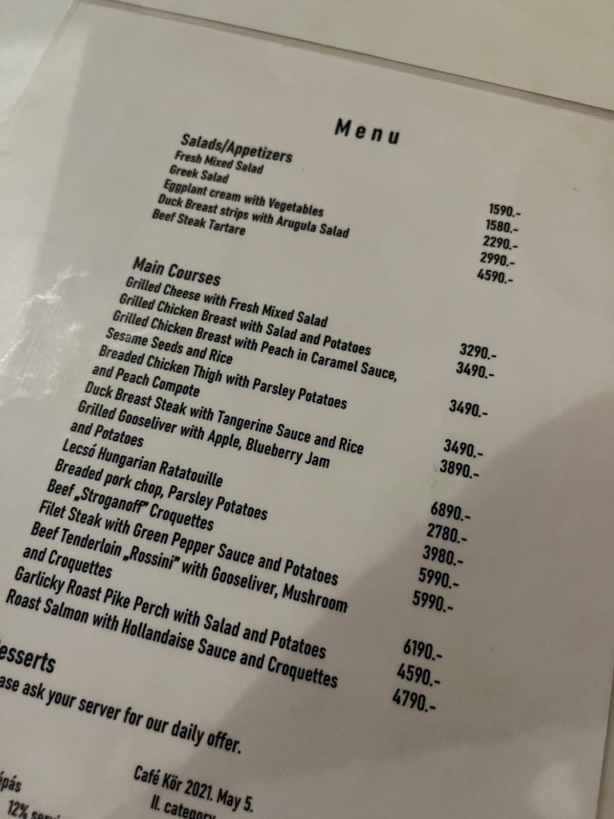 Menu at Café Kör restaurant, Budapest