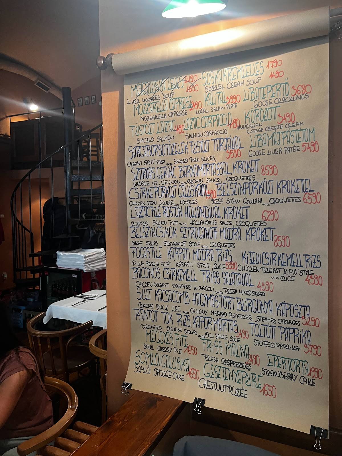 Menu at Café Kör restaurant, Budapest