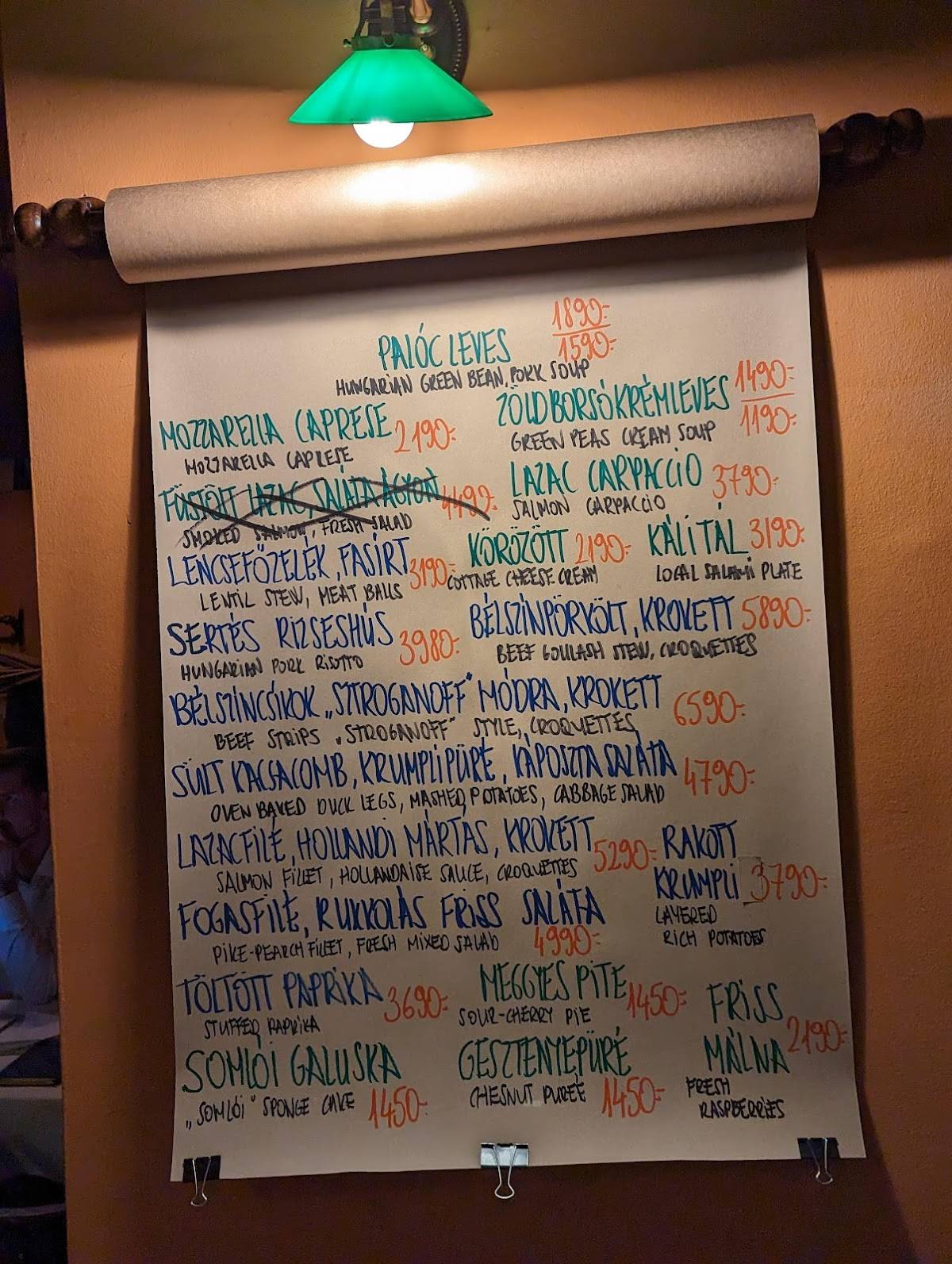 Menu at Café Kör restaurant, Budapest