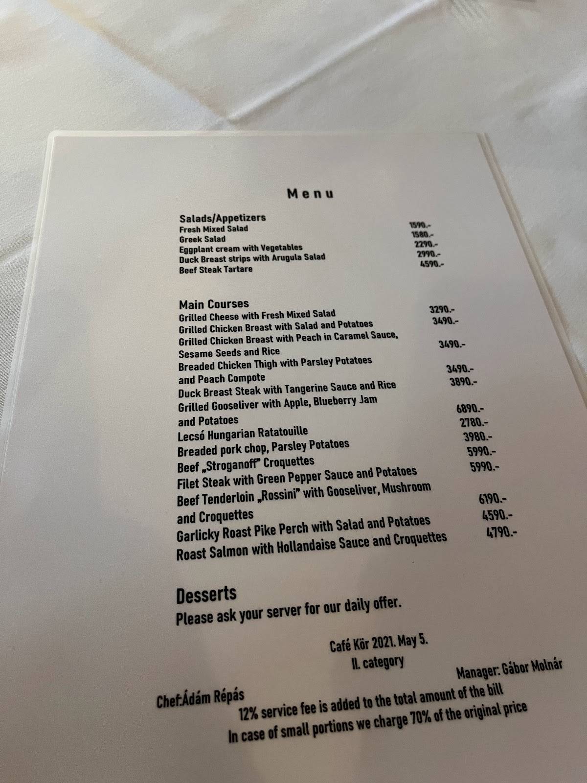 Menu at Café Kör restaurant, Budapest