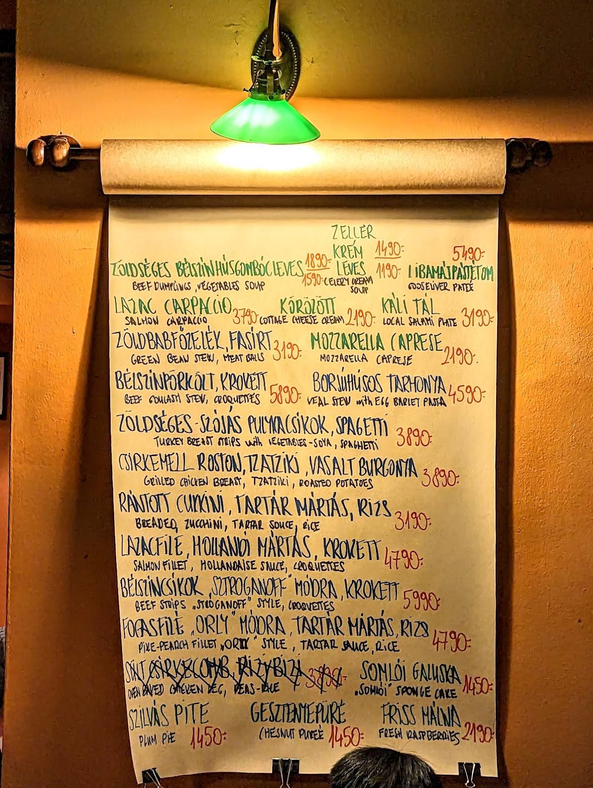 Menu at Café Kör restaurant, Budapest