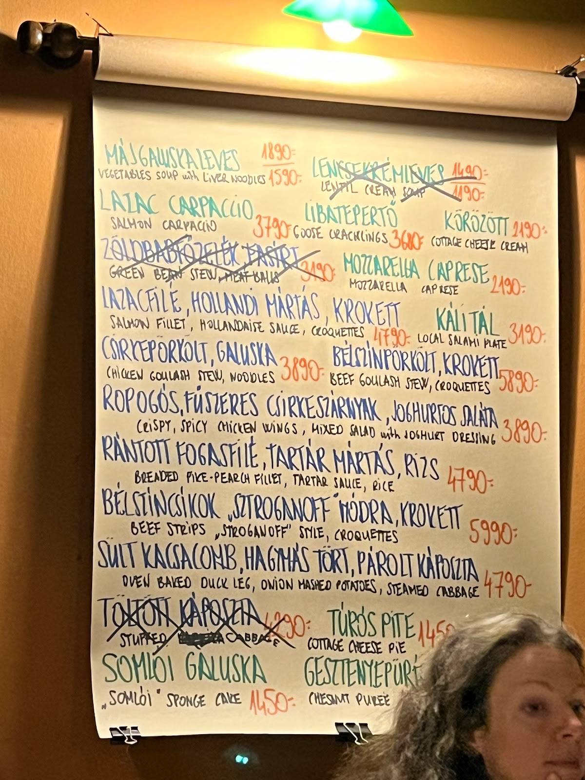 Menu at Café Kör restaurant, Budapest