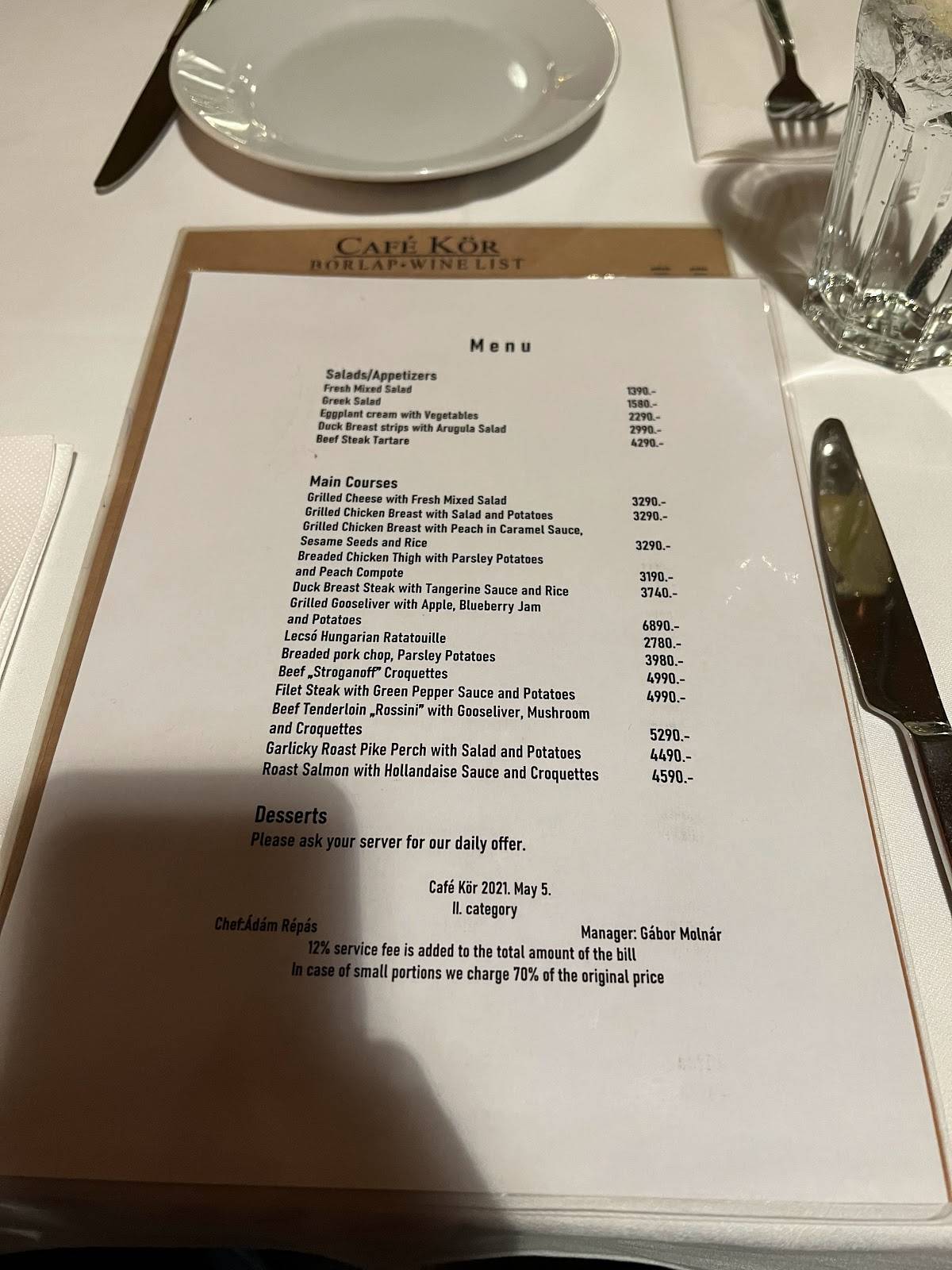 Menu at Café Kör restaurant, Budapest