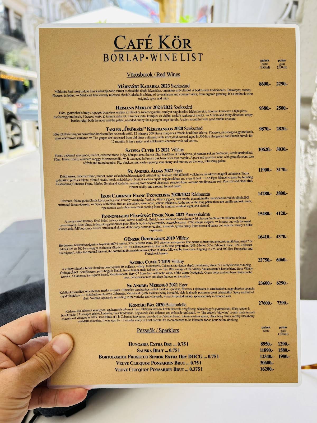 Menu at Café Kör restaurant, Budapest