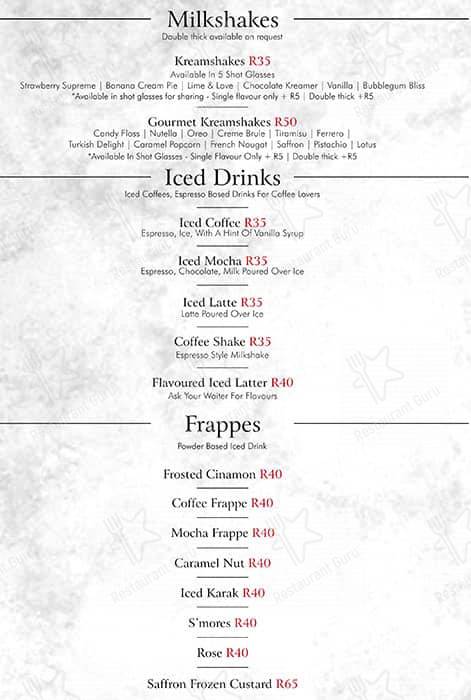 Menu at Le Kreamery restaurant, Benoni