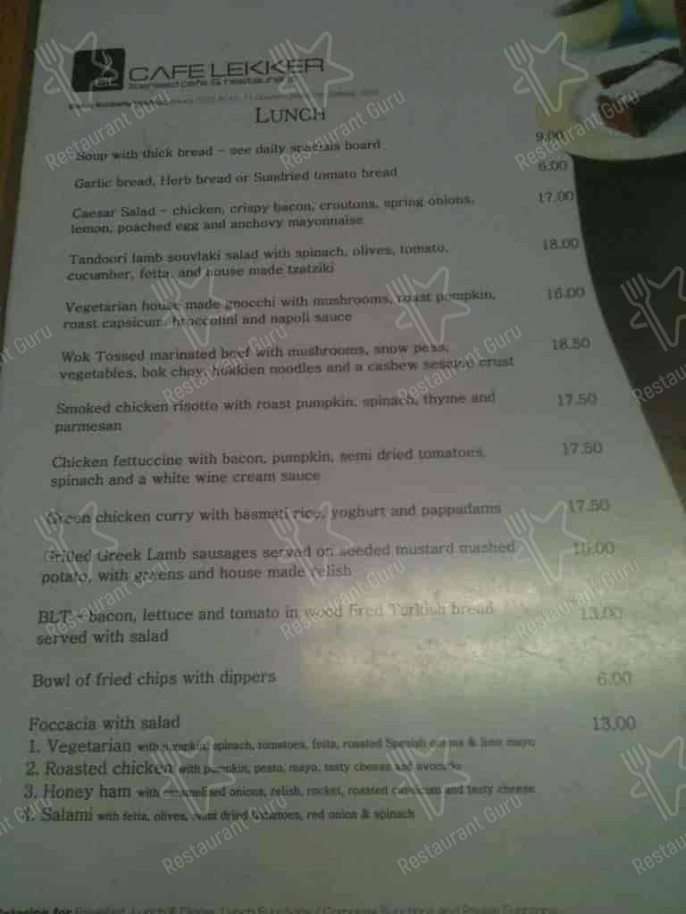 Menu at Cafe Lekker, Ballarat Central