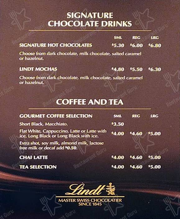 Menu at Lindt cafe, Melbourne, 201 Spencer St