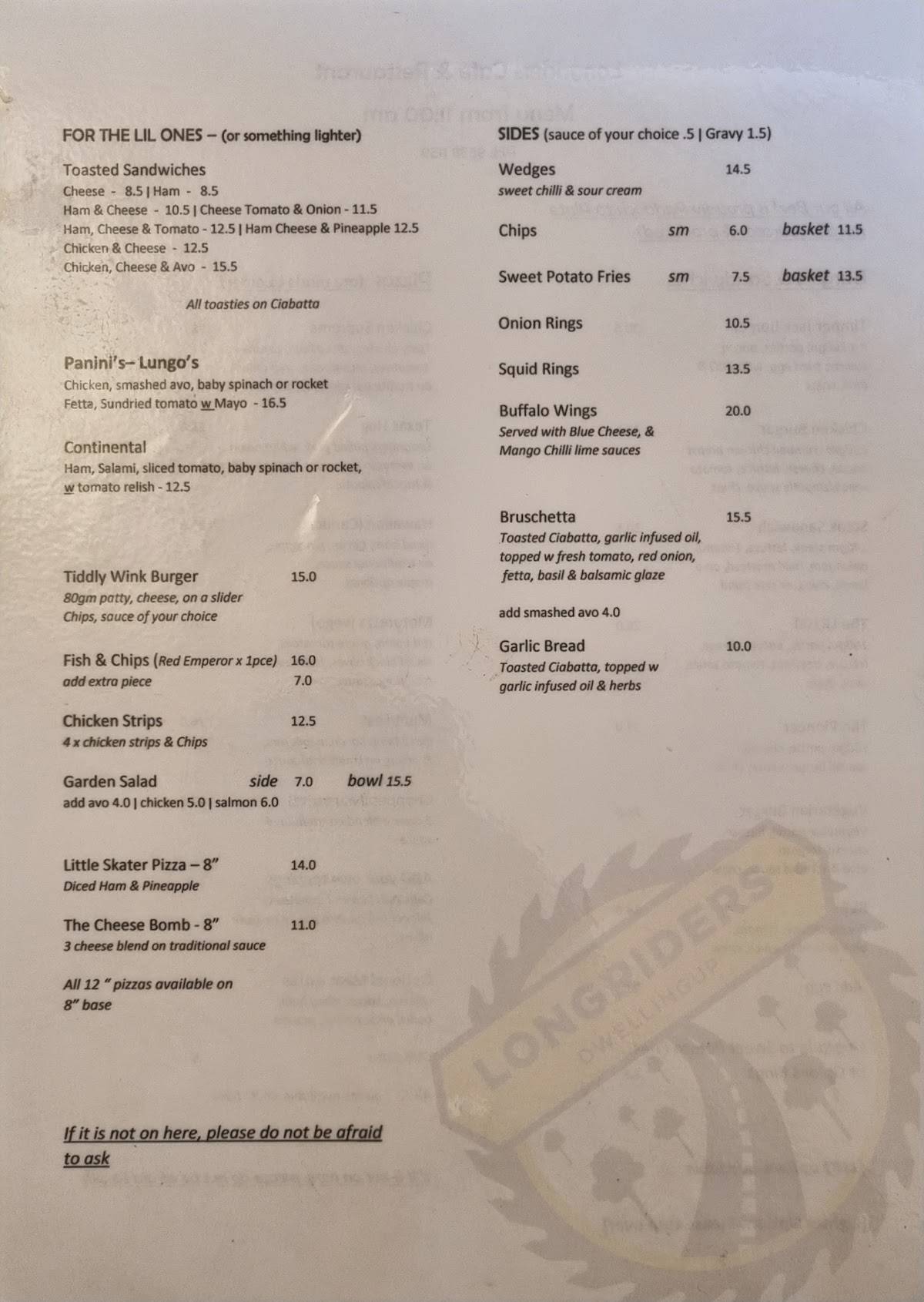 Menu at Longriders Cafe & Restaurant, Dwellingup