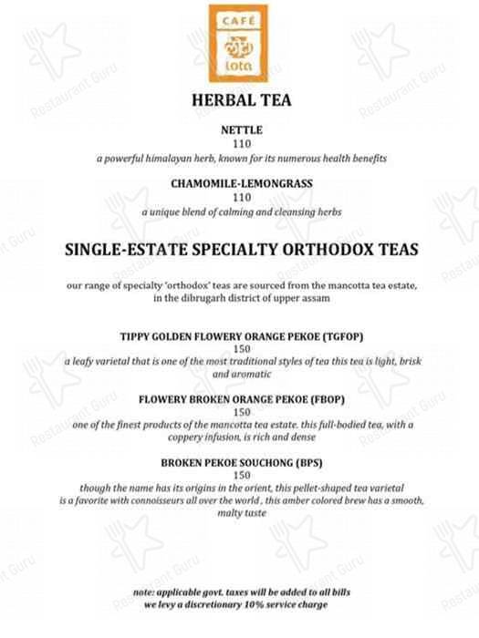 Menu at Cafe Lota, New Delhi