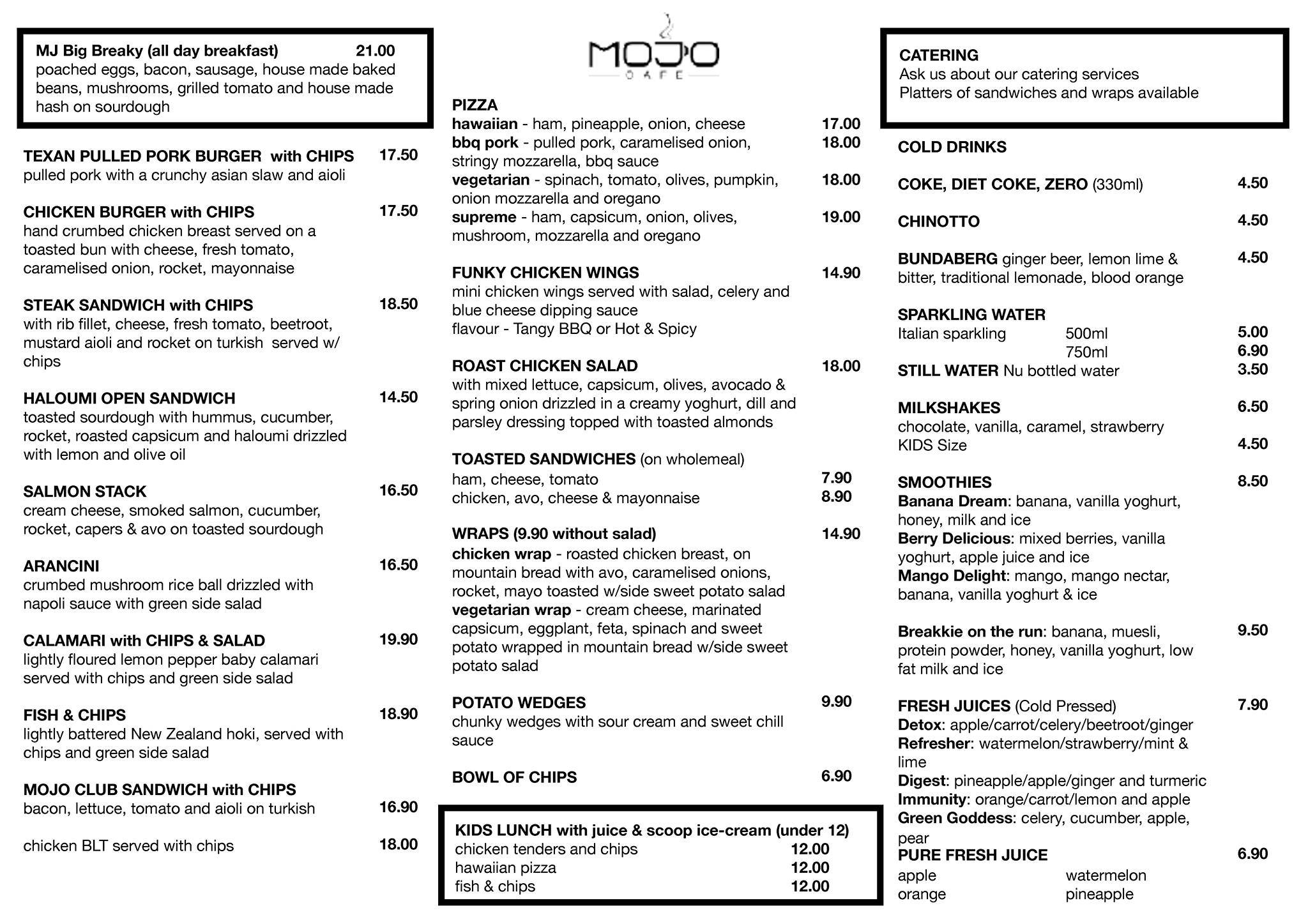 Menu at Mojo Cafe Newmarket, Brisbane City