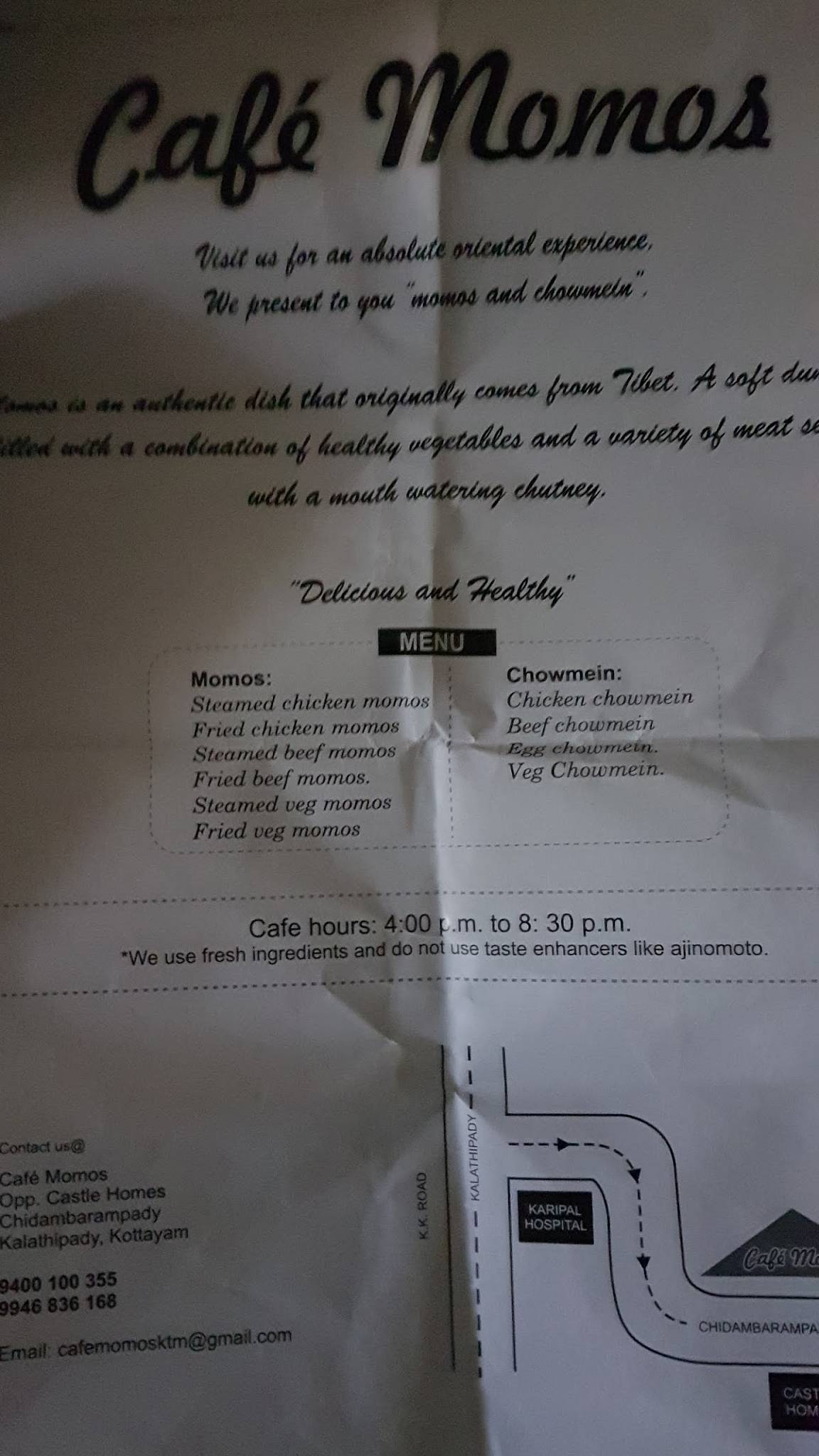 Menu at Cafe Momos, Kottayam