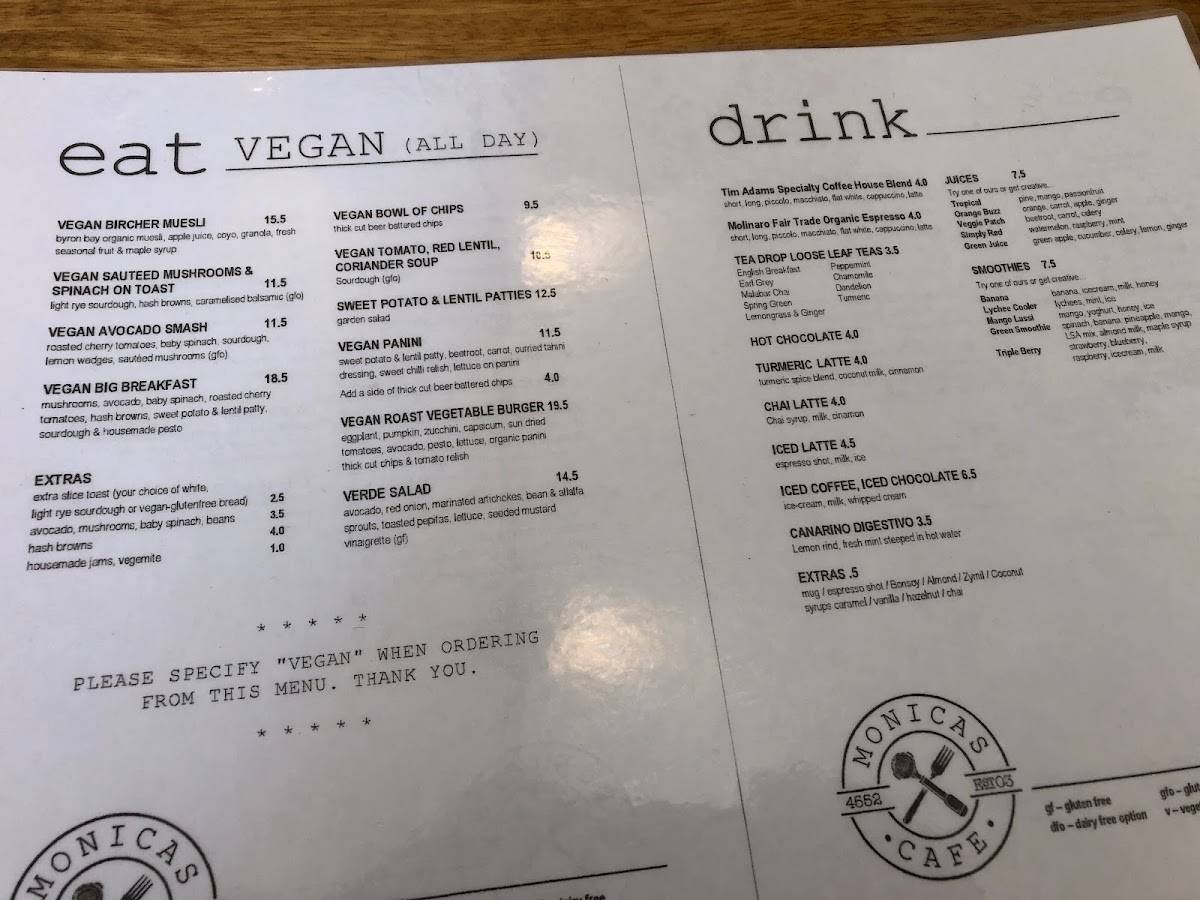 Menu at Monica's Cafe, Maleny