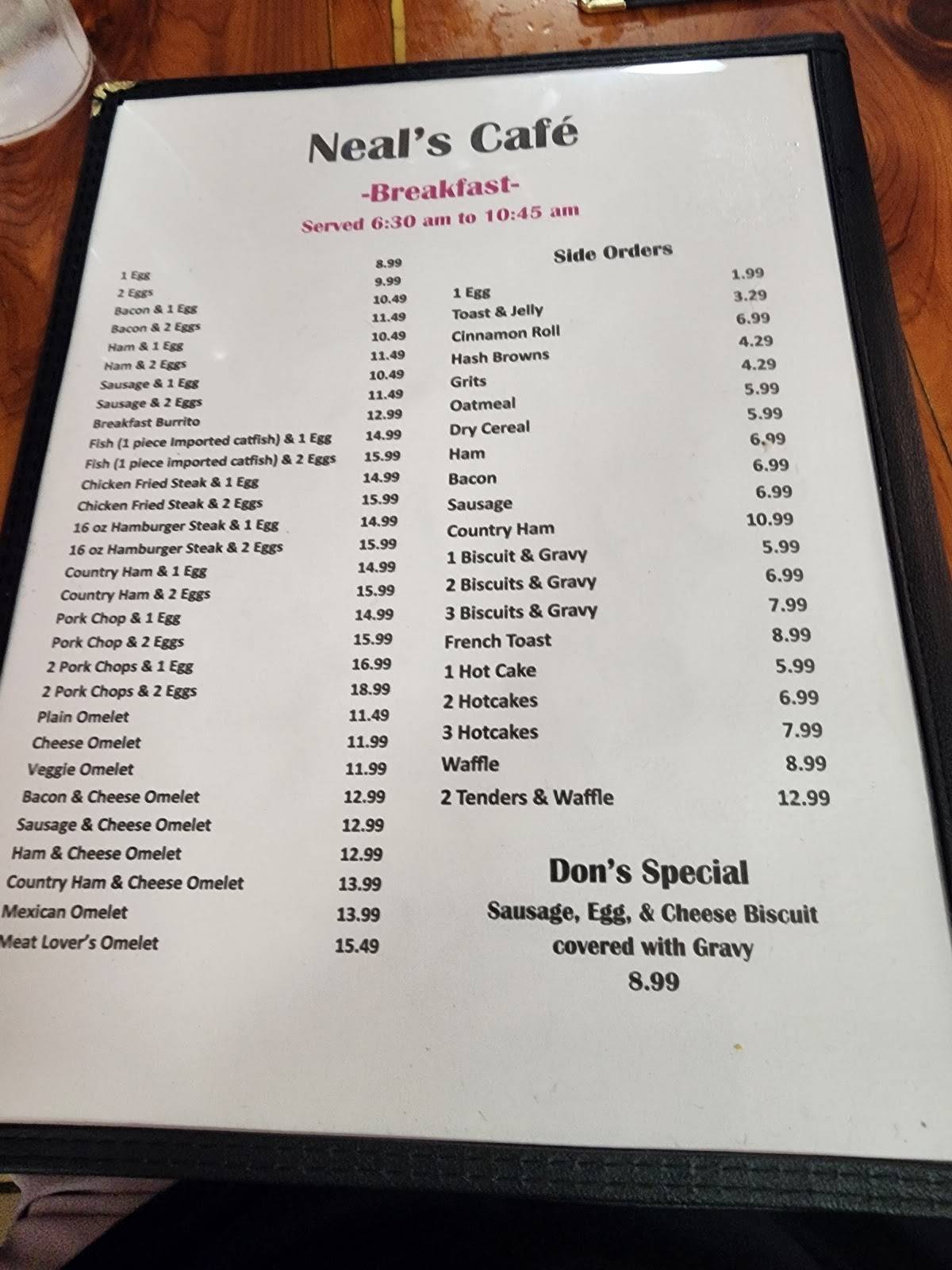 Menu at Neal's Cafe, Springdale