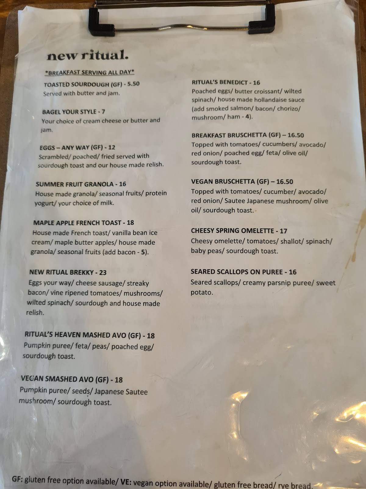 Menu at New Ritual Cafe, Midland