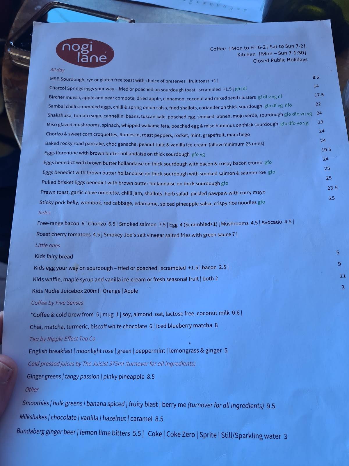 Menu at Nogi Lane cafe, Dianella