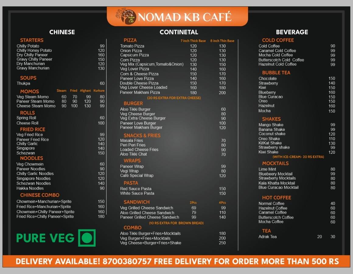 Menu at Nomad KB Cafe, Dehradun