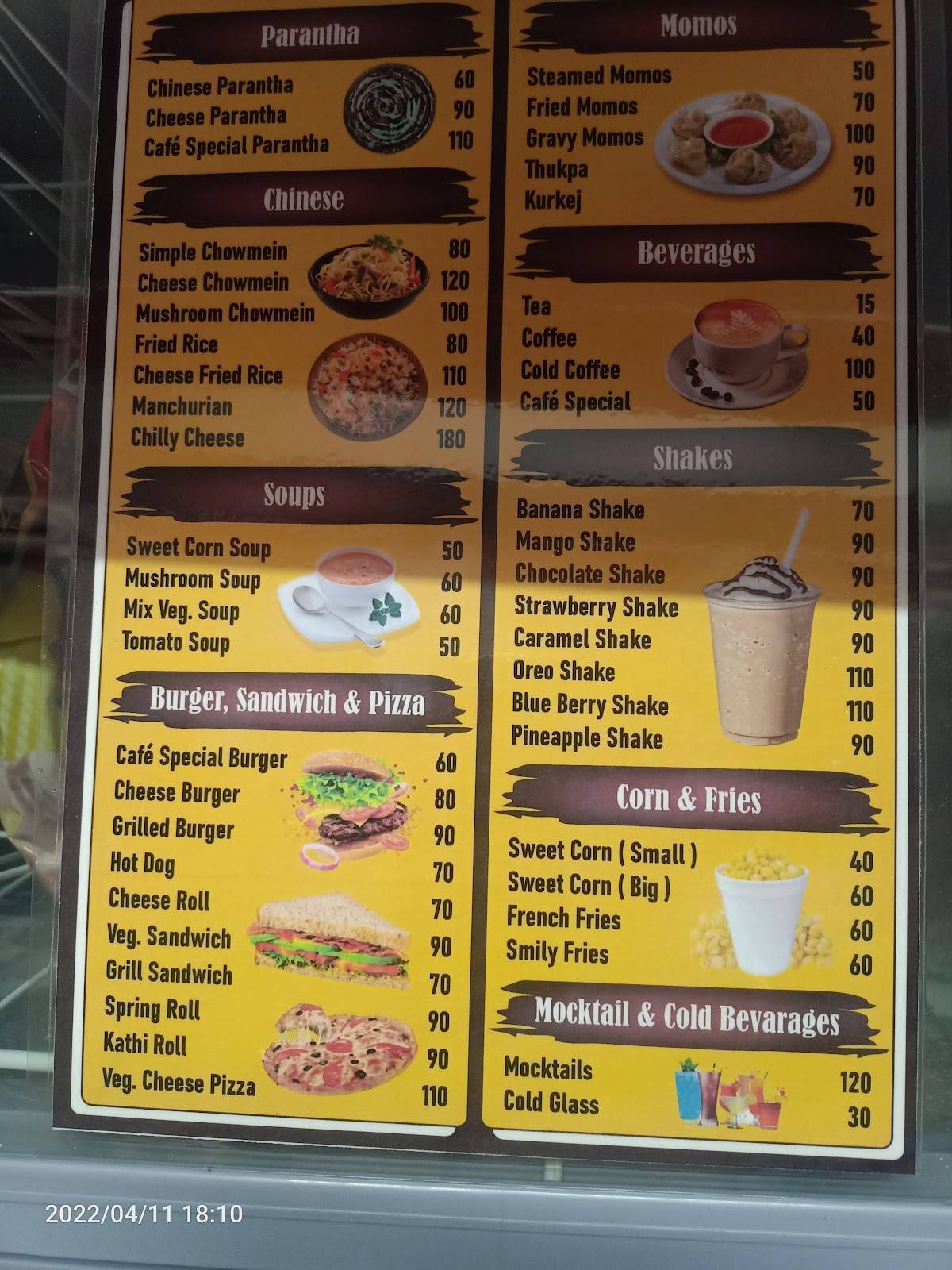Menu at Papa's cafe, Shimla