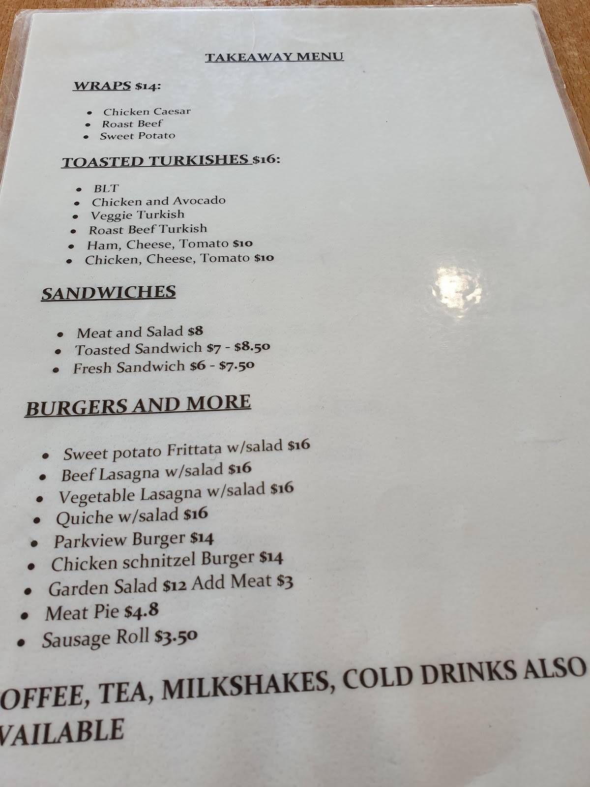 Menu at Parkview Cafe, Singleton, Town Head Park