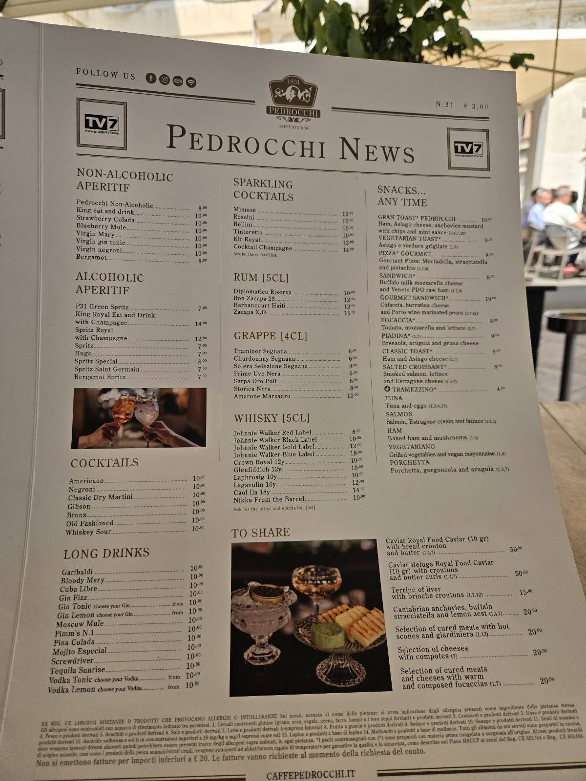 Menu at Pedrocchi Café cafe, Padua, Via VIII Febbraio