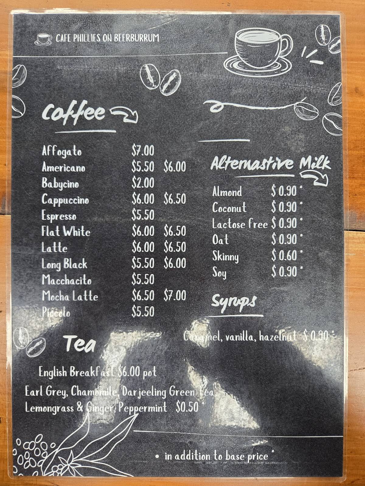 Menu at Cafe Phillies on Beerburrum, Beerburrum