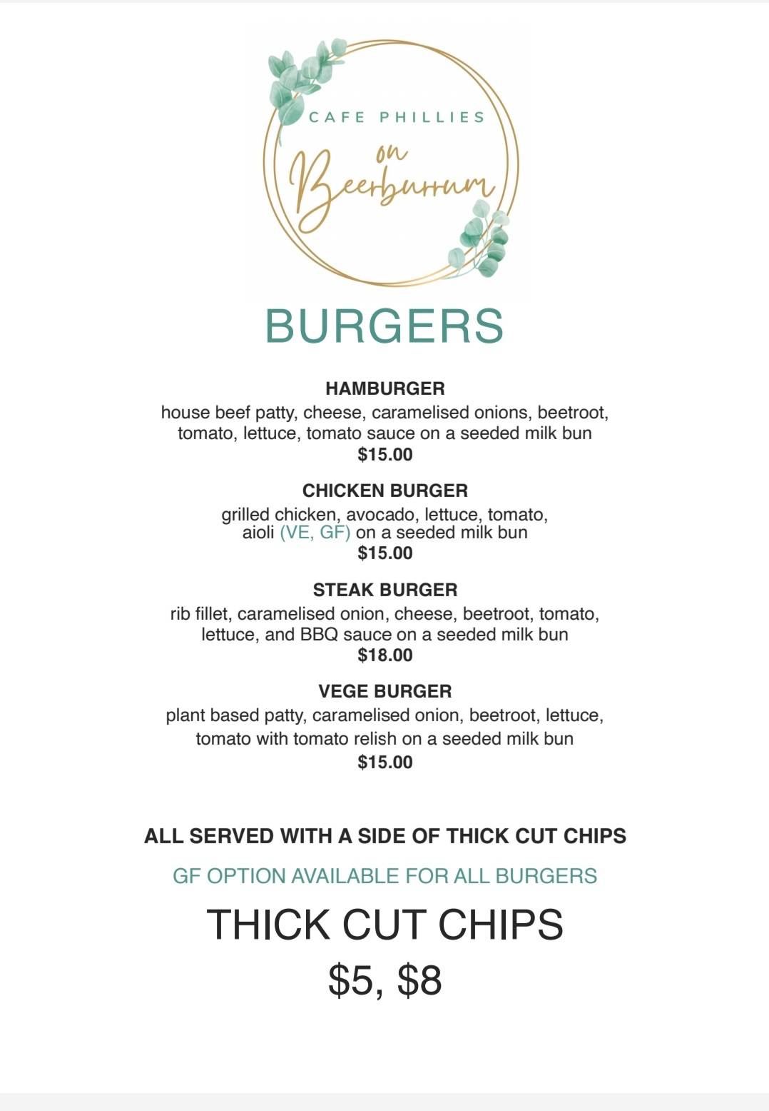 Menu at Cafe Phillies on Beerburrum, Beerburrum