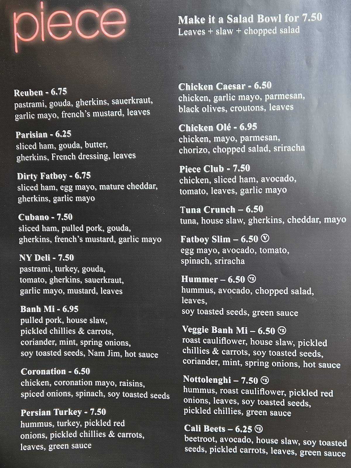 Menu at Piece cafe, Glasgow, Argyle St