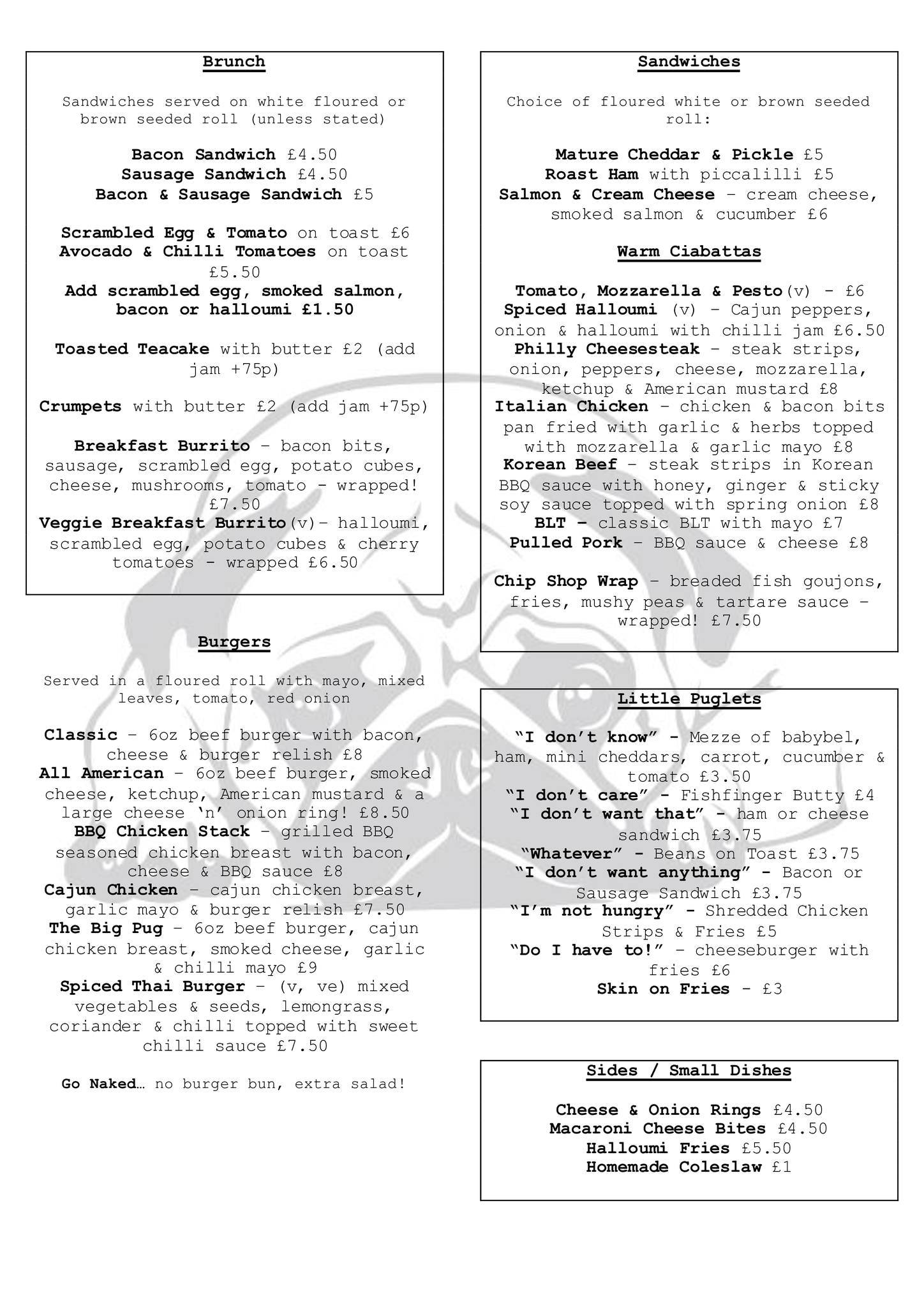 Menu at Pug and Pudding cafe, Chapel-en-le-Frith