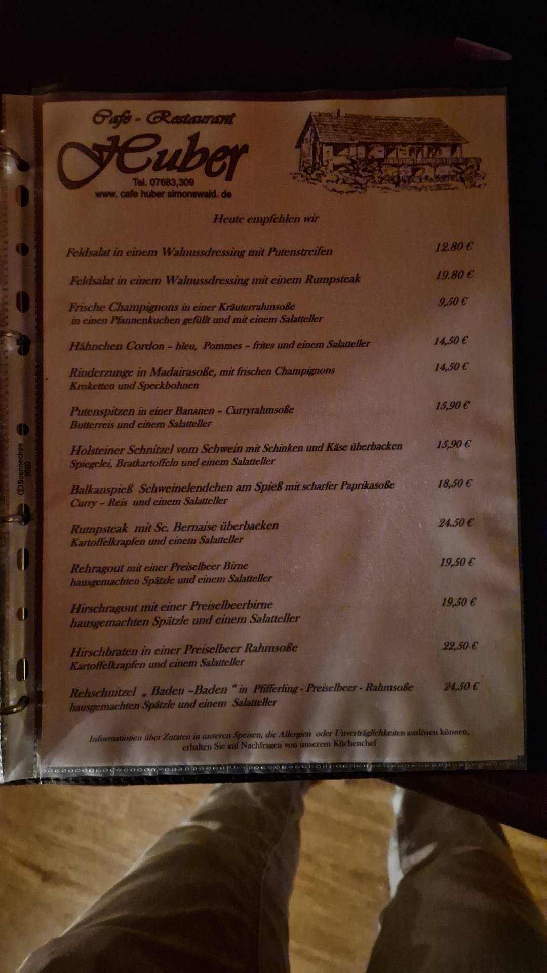 Speisekarte von Café Restaurant Huber, Simonswald