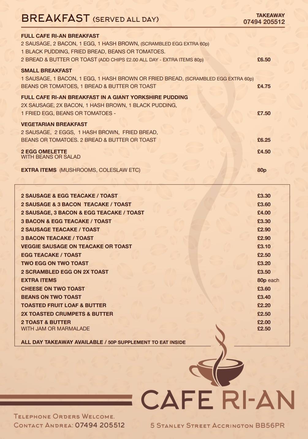 Menu at Cafe Ri-An, Accrington