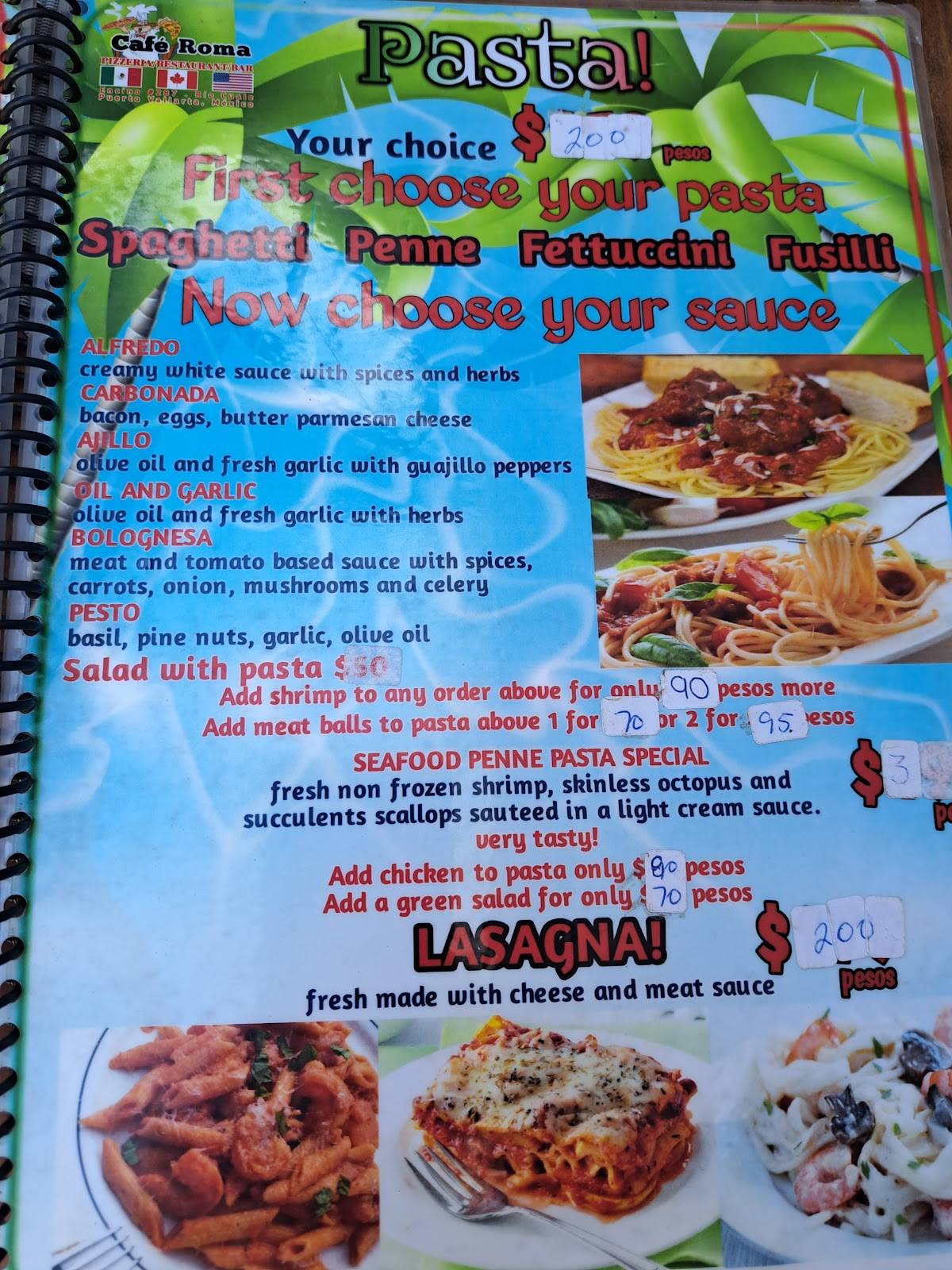 Menu at Cafe Roma, Puerto Vallarta, Av. Francisco Medina Ascencio 1974