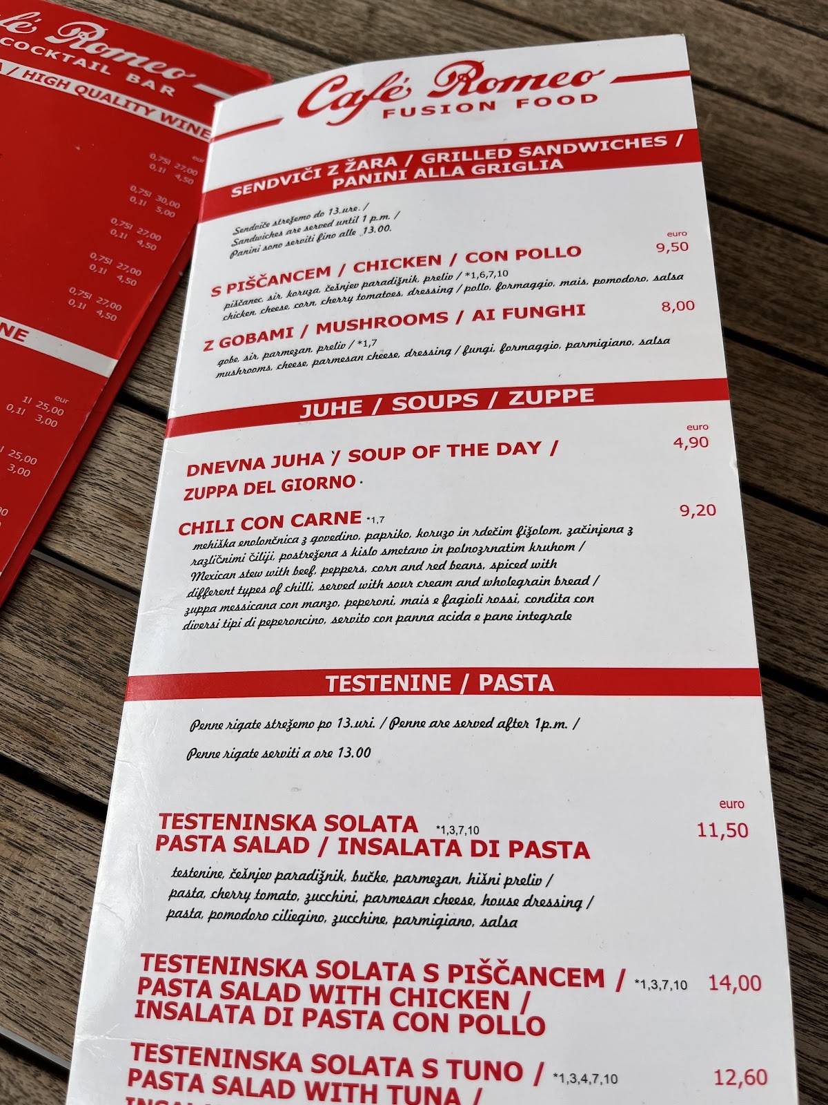 Menu at Cafe Romeo, Ljubljana