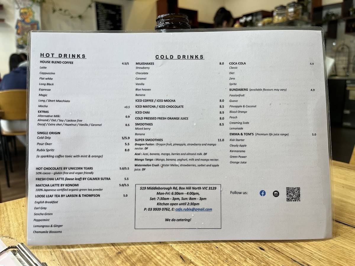 Menu at Cafe Rubix, Box Hill North