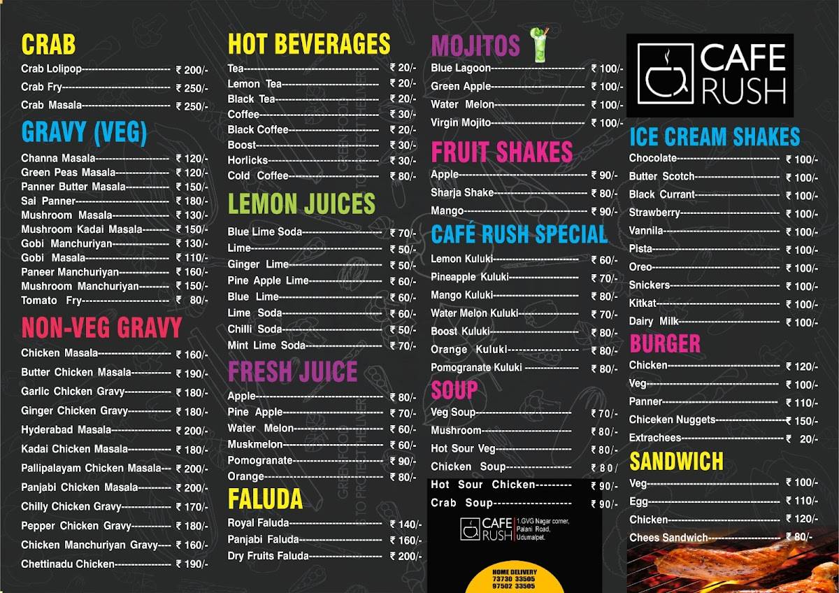 Menu at Cafe Rush, Udumalpet
