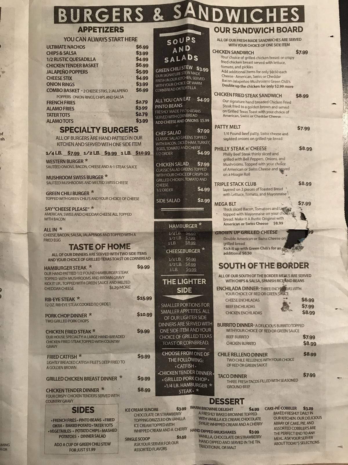 Menu at Rustic Café cafe, Alamogordo