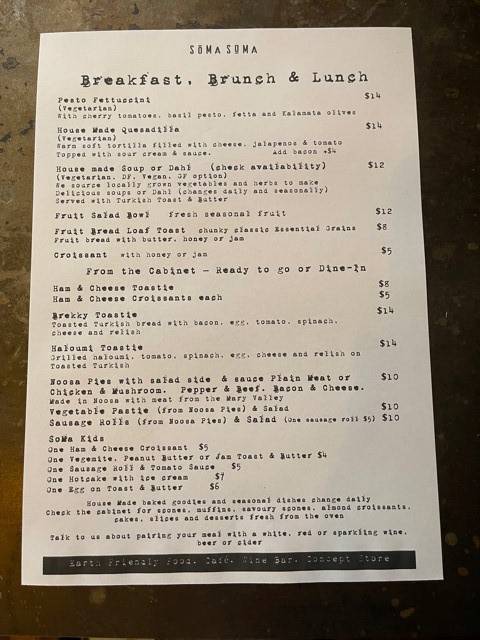 Menu at SoMa SoMa cafe, Gympie