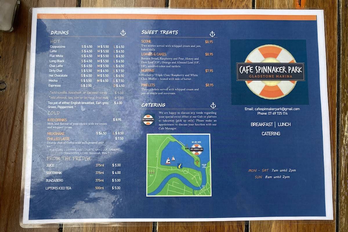 Menu at Cafe Spinnaker Park, Gladstone Central, 222 Alf Orourke Dr
