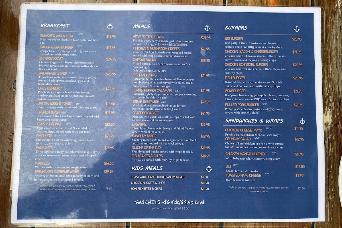 Menu at Cafe Spinnaker Park, Gladstone Central, 222 Alf Orourke Dr