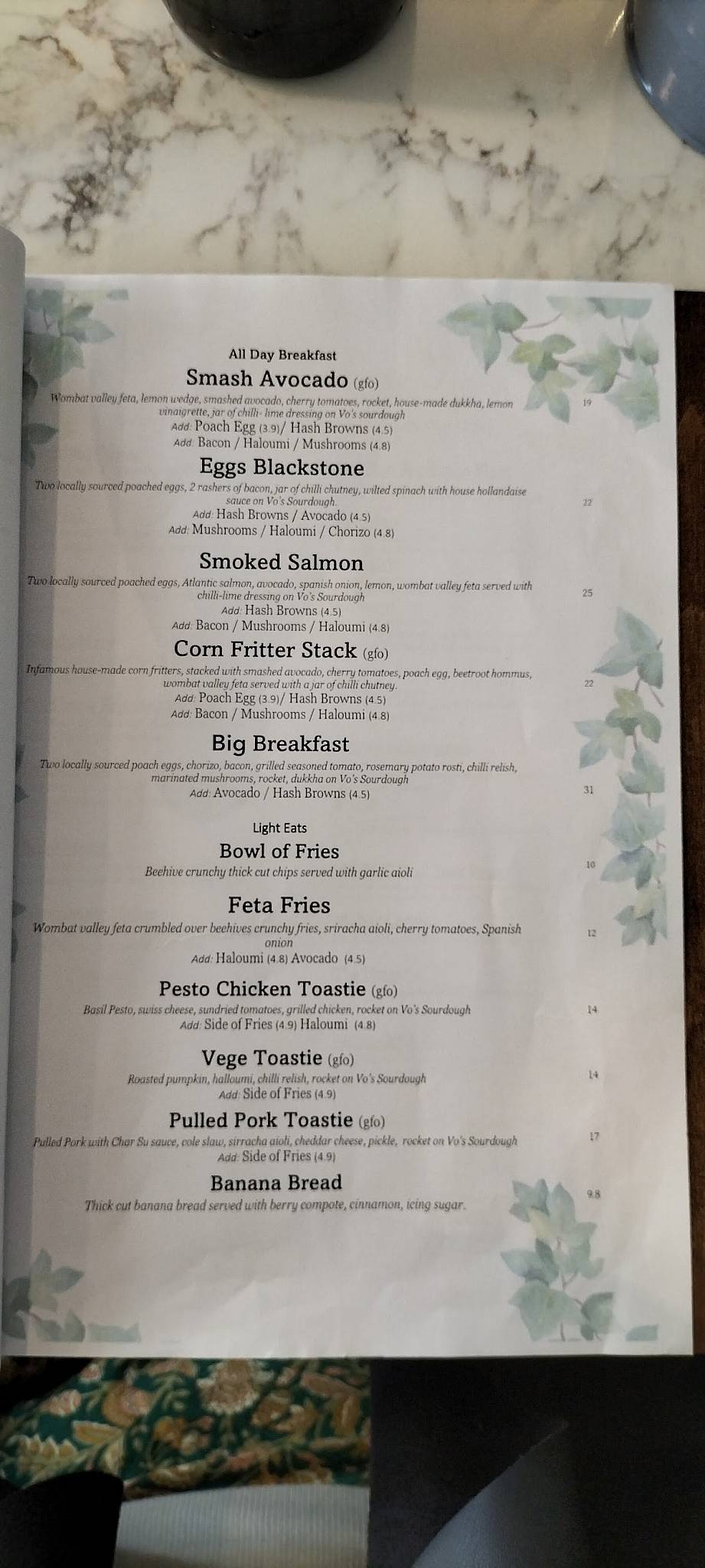 Menu at The Beehive Honeysuckle cafe, Newcastle