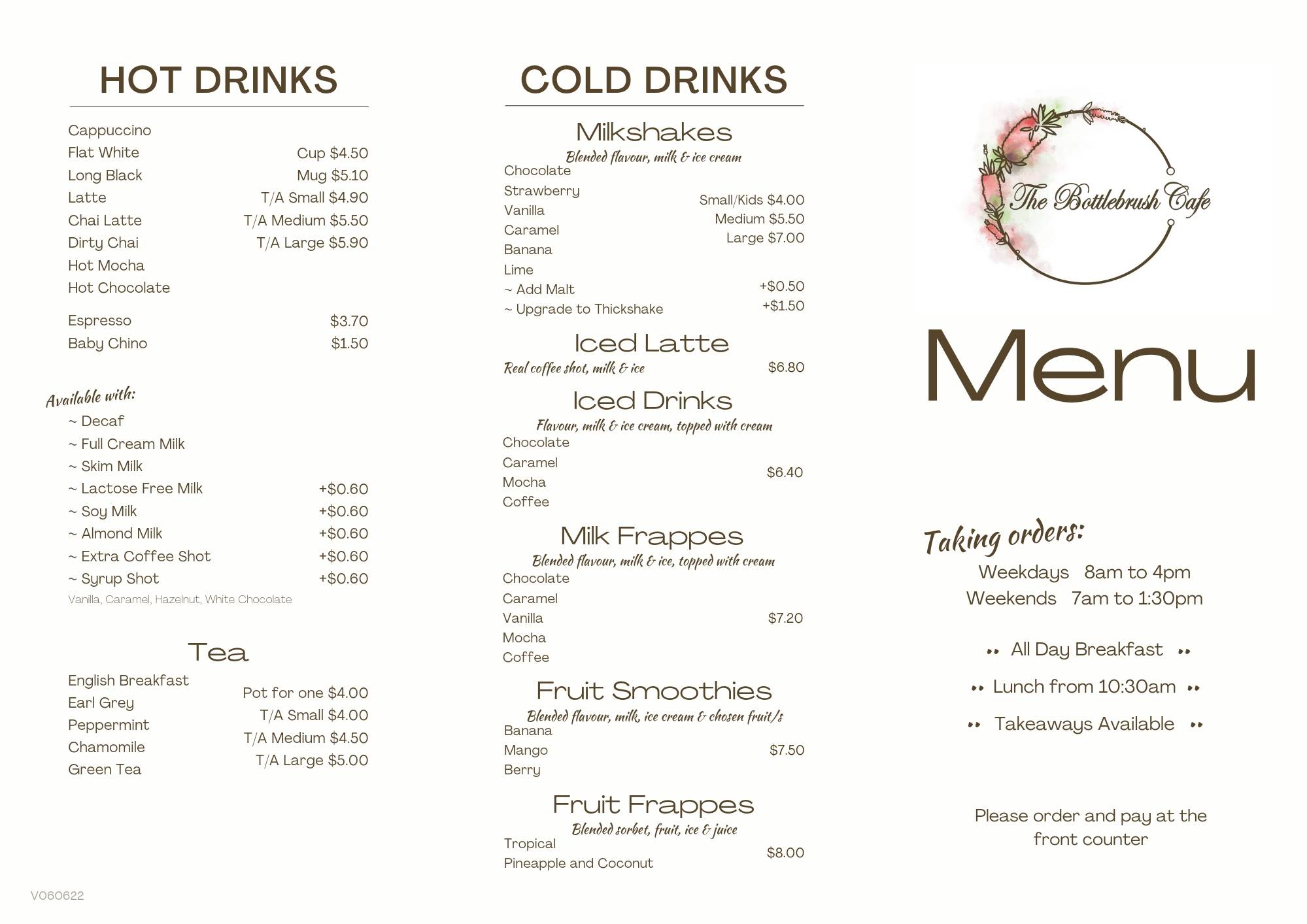 Menu at The Bottlebrush Cafe, Pittsworth
