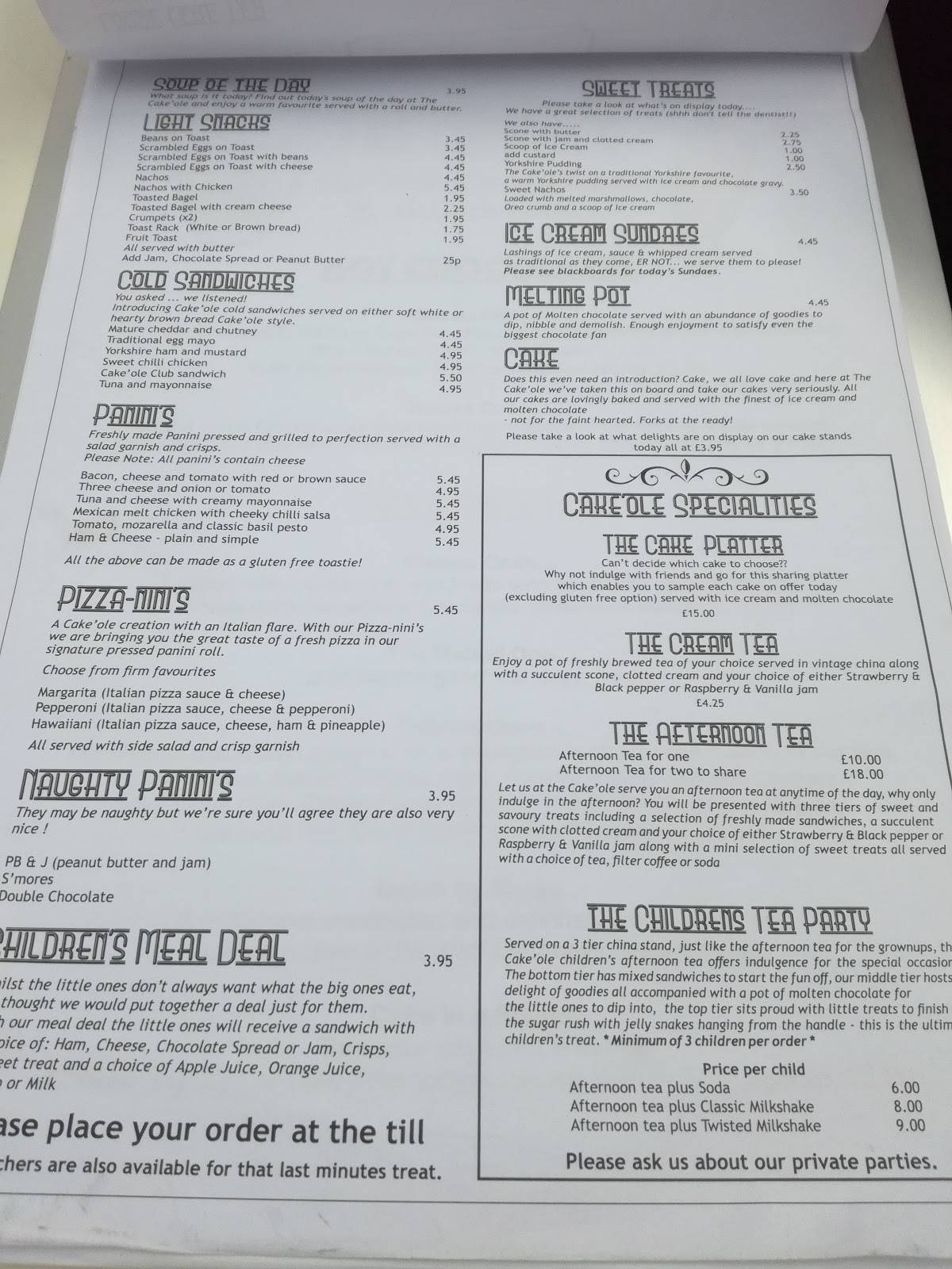 Menu at The Cake'Ole cafe, Skipton