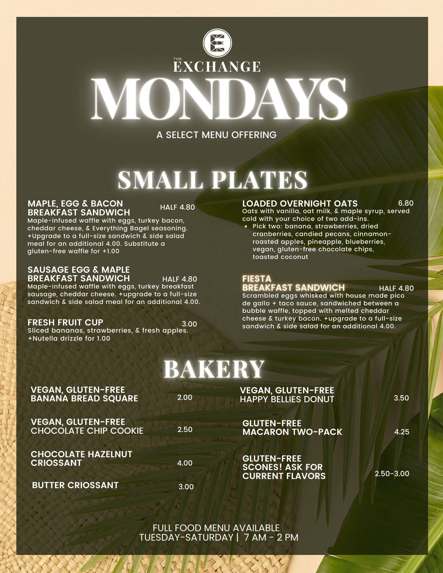 Menu at The Exchange Coffee, Mercantile & Eatery cafe, De Pere