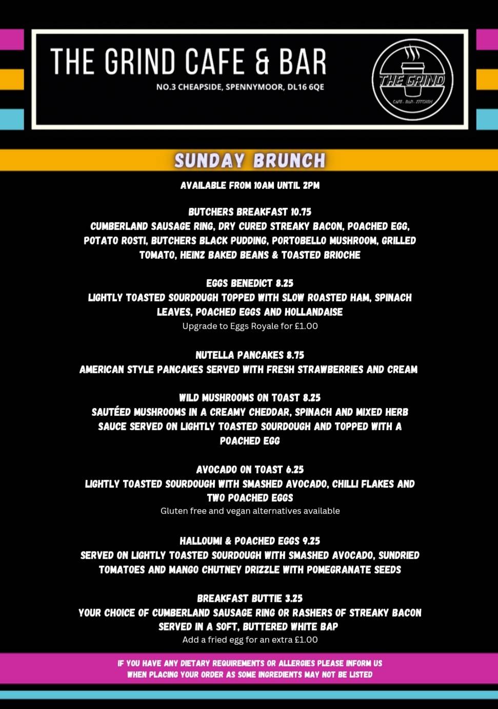 Menu at The Grind cafe, Spennymoor