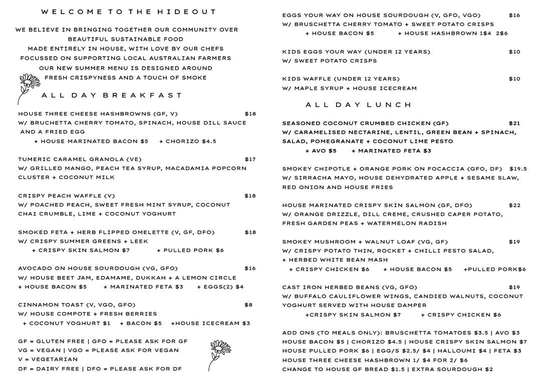 Menu at The Hideout Coffee House, Narangba